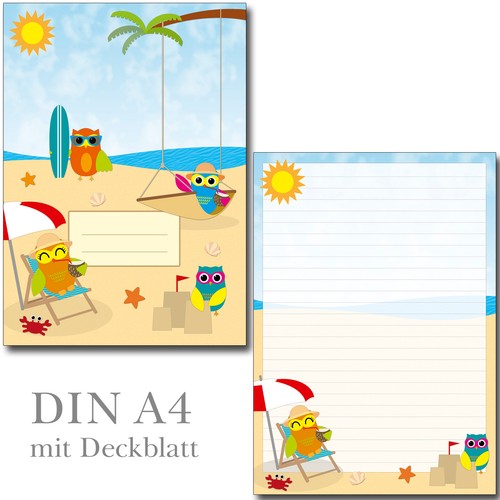 Schreibblock Eulen am Strand A4 25 Blatt Briefpapier Motivpapier Block ...