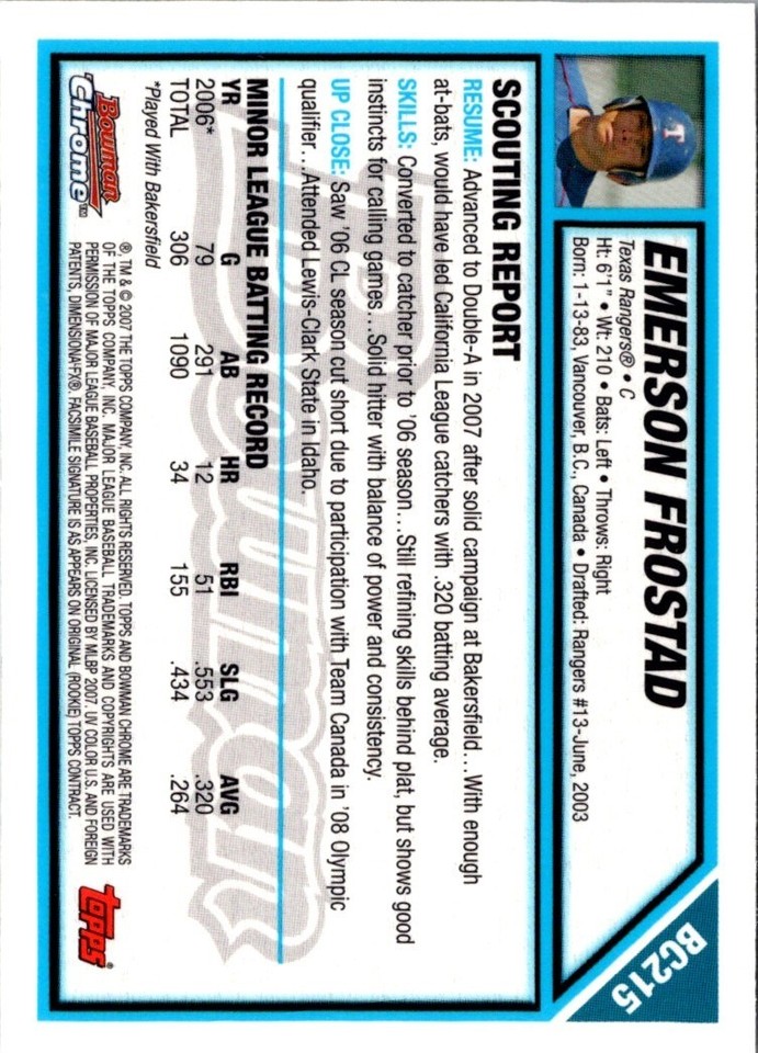 2007 Bowman Chrome Prospects Emerson Frostad #BC215 Texas Rangers ...