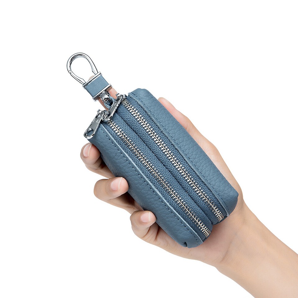 Genuine Leather Car Key Case Wallet Unisex Double Zipper Keychain Coin ...