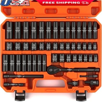 50 Piece Socket Set Chrome Vanadium Steel Ratchet Extension Bar 6 Point ...