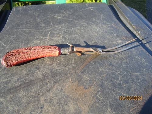 Vintage Antique 12" Antler Handle Meat Serving fork w/ Stand Horn Bone ...