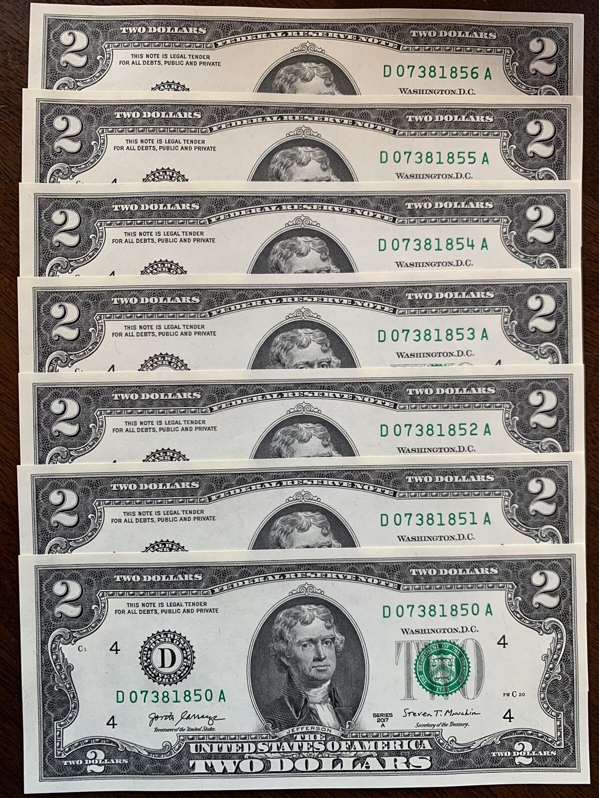 🇺🇸7 Lucky NEW Uncirculated Two Dollar Bills Crisp $2 Sequential Note ...