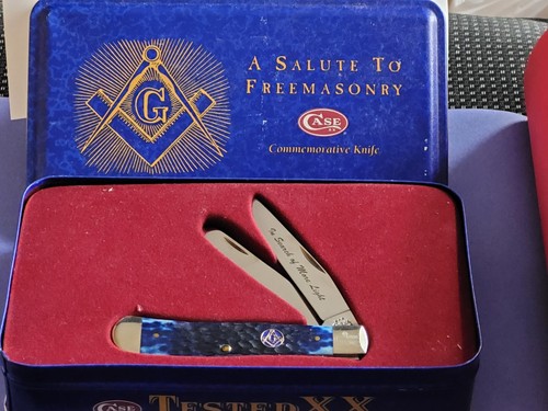 CASE XX MASONIC TRAPPER KNIFE BLUE BONE TIN GIFT SET FREEMASON NO ...