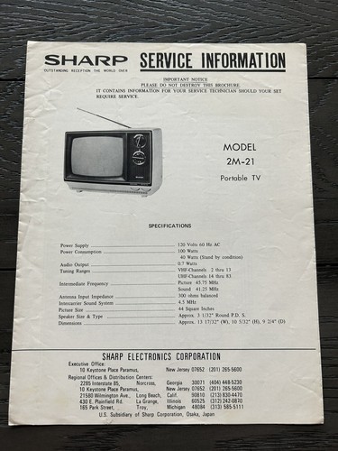 Sharp 2M-21 Portable Television TV Service Manual Vintage OEM Diagrams Repair | eBay