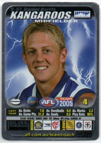 2005 AFL TEAMCOACH SILVER PARALLEL CARD - S67 Daniel HARRIS (KANGAROOS ...