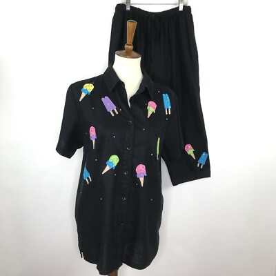 Quacker Factory 2pc Capri Tunic Set Black Linen Blend Ice Cream ...