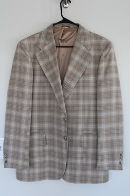 VINTAGE BROWN PLAID SEARS ROEBUCKS POLYESTER LEISURE SUIT JACKET 44L ...