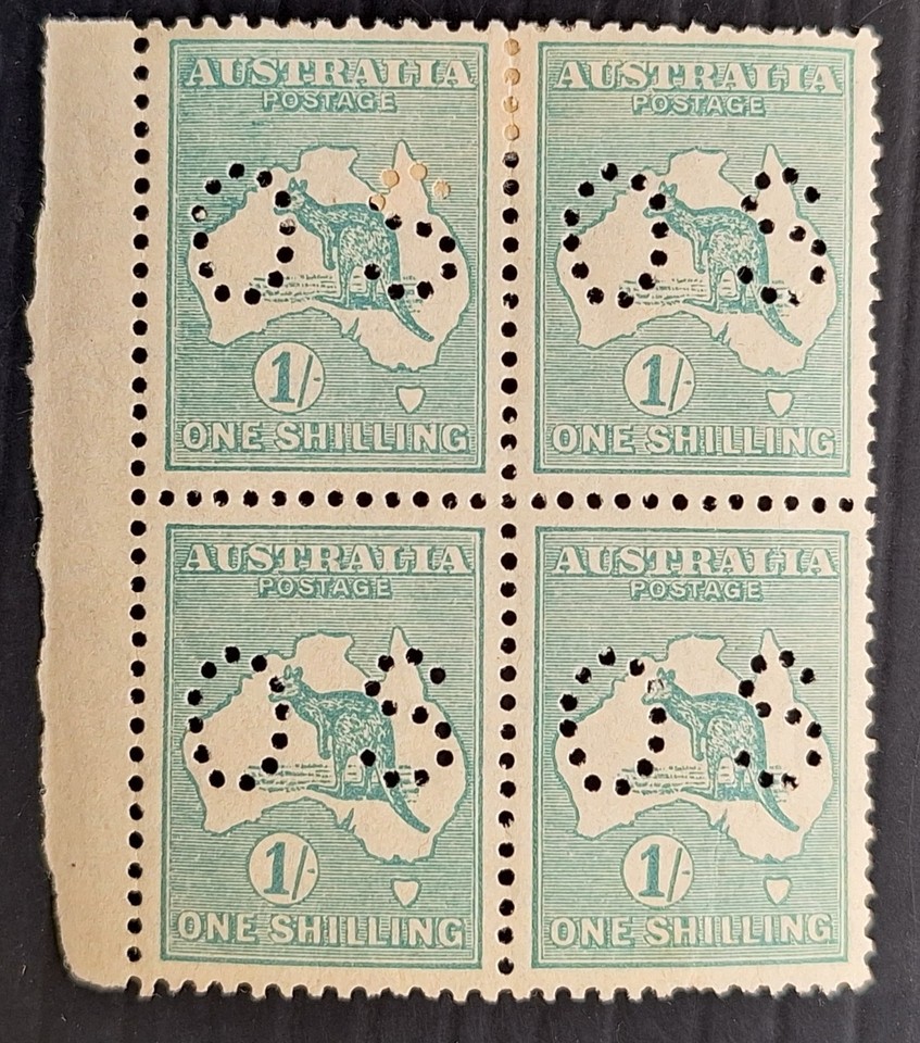 1929 Australia Blk 4X1/- Blue Green Kangaroo Stamps SMWMK OS Perf Mint ...