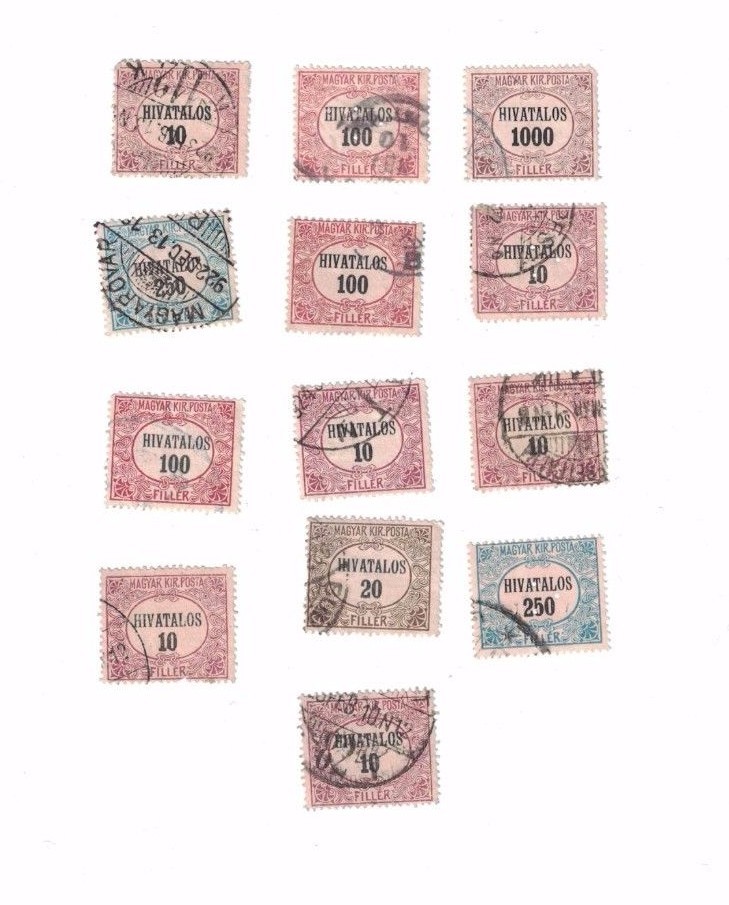 OLD 13 used postal stamps, MAGYAR KIR POSTA Hungary, 1900s HIVATALOS ...