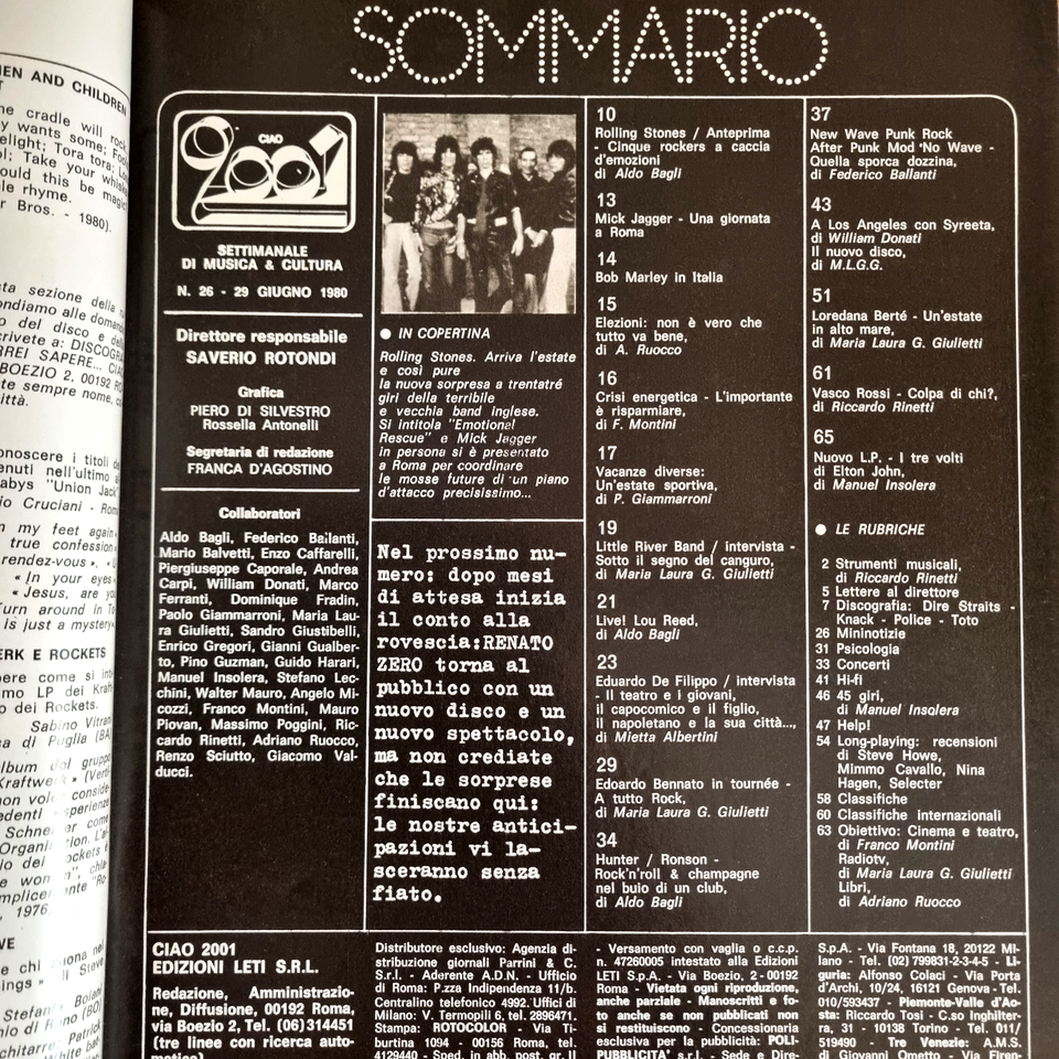 ciao 2001 1980 # 26 ROLLING STONES JAGGER BOB MARLEY REED BENNATO BERTé ...