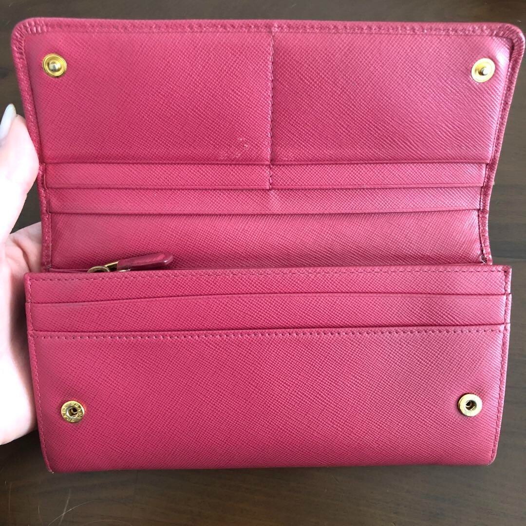 PRADA Logo Saffiano Ribbon Bifold Long Wallet Pink Le… - Gem