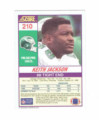 Keith Jackson Philadelphia Eagles #88 TE #210 Score 1990 Football Card ...