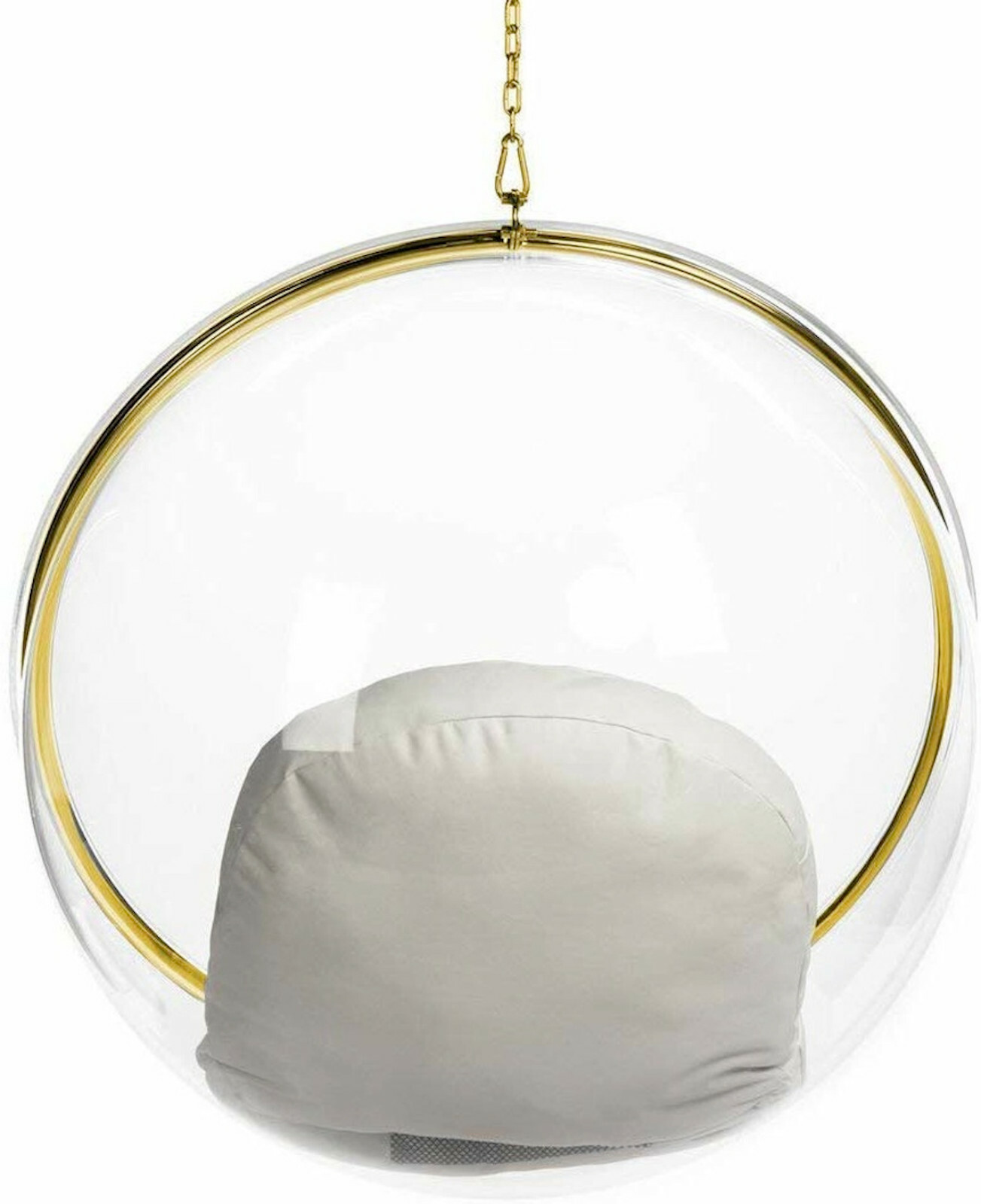 Clear Acrylic Hanging Bubble Chair with Gold Trim and Chain with White ...