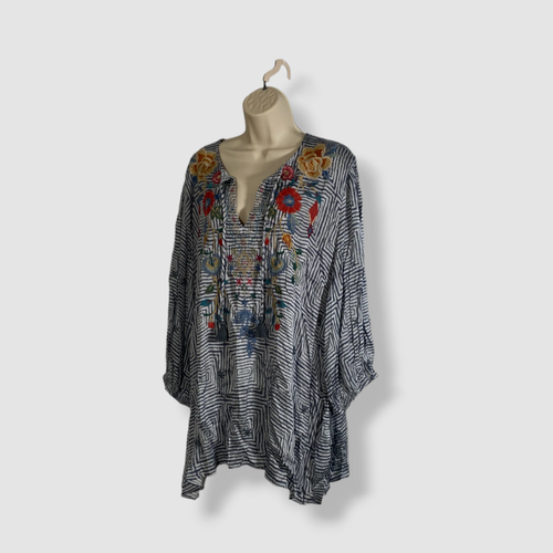 $305 Johnny Was Womens Blue Taryn Flowy Tassel Blouse Size XS ...