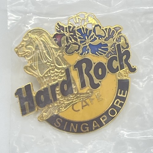 Hard Rock Cafe SINGAPORE Hat Lapel Pin 1990s Gold Merlion Flowers HRC ...