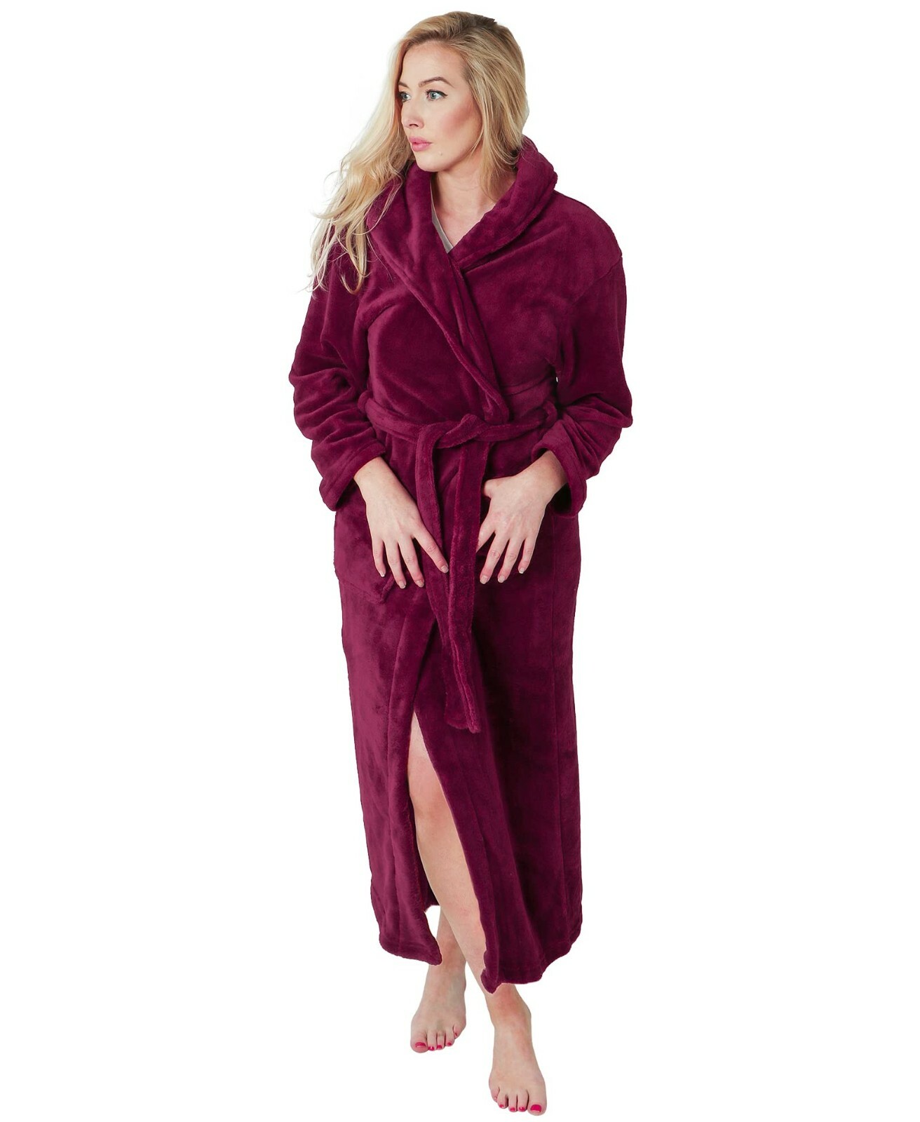 WOMENS SNUGGLE FLEECE DRESSING GOWN HOUSECOAT BATHROBE HOODED LONG ...