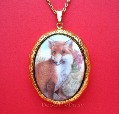 FOXES Porcelain RED FOX & Flowers CAMEO Locket Pendant Necklace Mothers ...