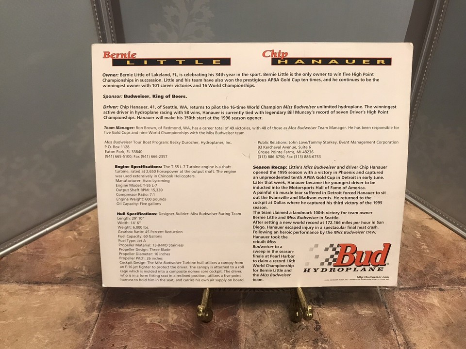 BERNIE LITTLE 1995 MISS BUDWEISER promo card picture hydroplane boat ...