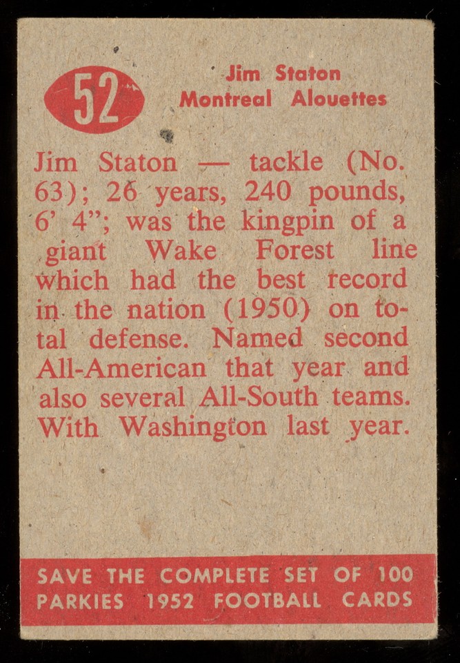 1952 Parkhurst CFL Football #52 JIM STATON EX-NM ROOKIE Montreal ...