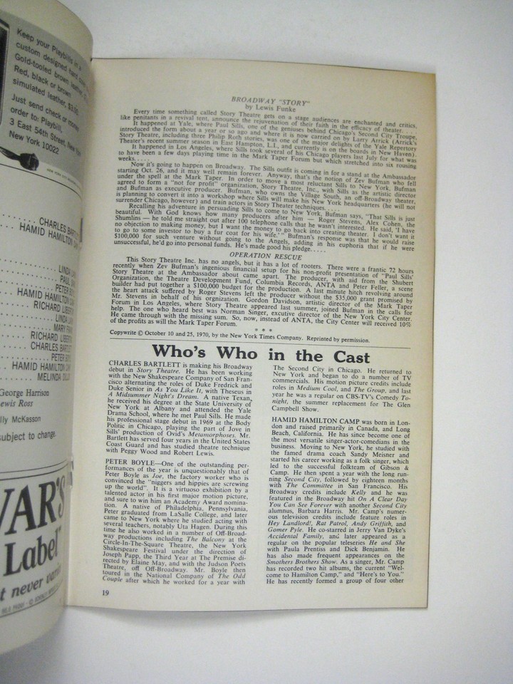 Story Theatre Paul Sills Playbill 1971 Ambassador Linda Lavin Charles ...