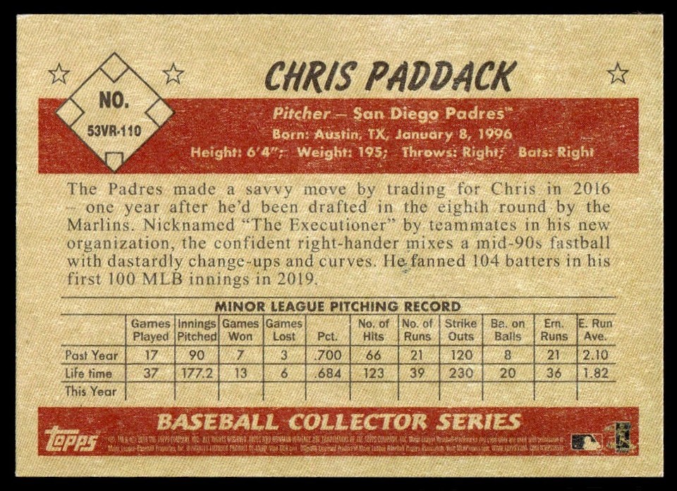 2019 Bowman Heritage Chris Paddack Rookie Auto San Diego Padres #53VR ...