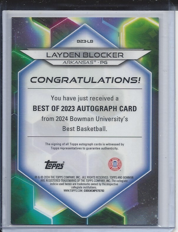 LAYDEN BLOCKER 2023 BOWMANS BEST UNIVERSITY ARKANSAS REFRACTOR AUTO #D ...