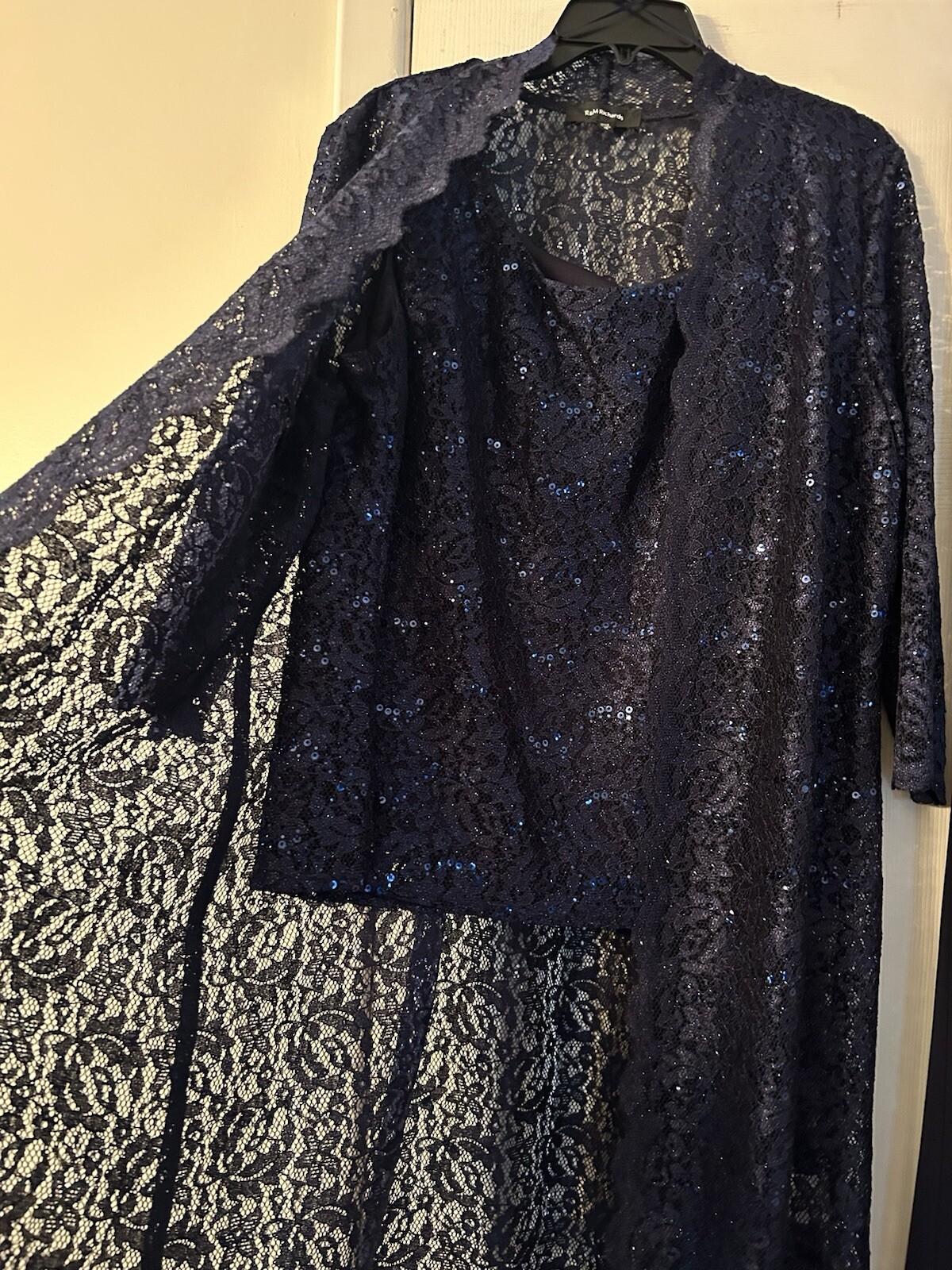 R&M Richards Women's Lace Duster Jacket, Solid Pantsuit Set, Navy Blue ...