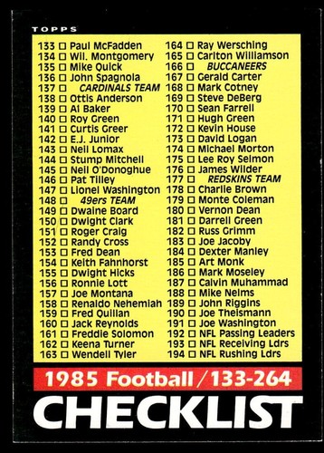 1985 Topps 395 Checklist 133-264 Unmarked 49ers Redskins Bills Bengals ...