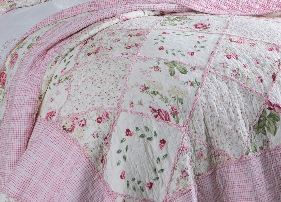 ROSALIE PINK ROSE 3p King QUILT SET : COUNTRY VINTAGE RUFFLED RAG ...