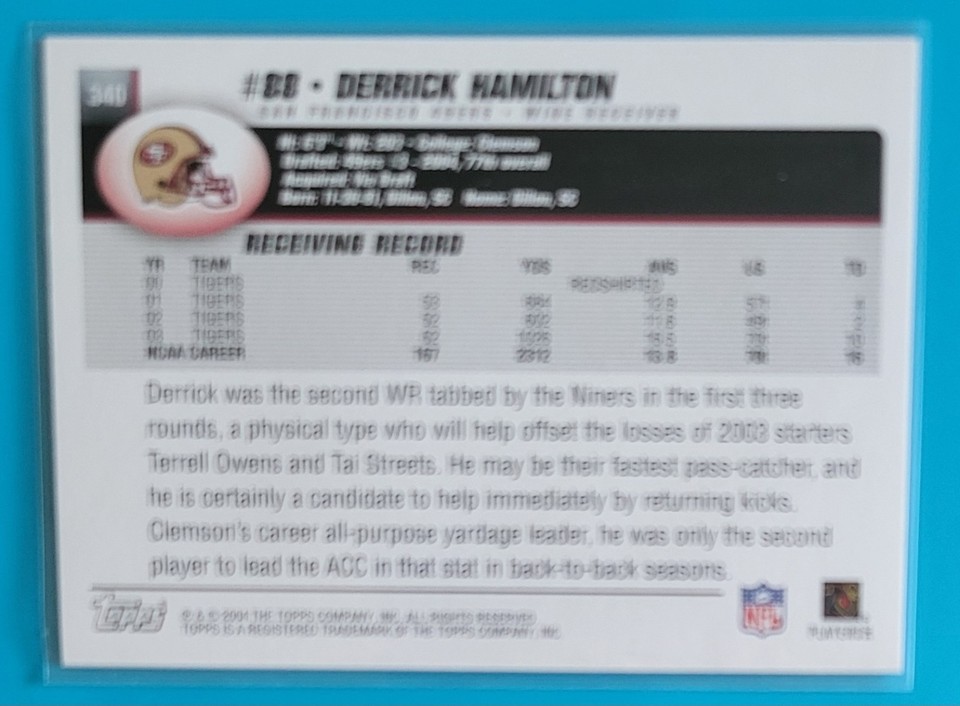 2004 Topps Rookie #340 Derrick Hamilton San Francisco 49ers Football ...