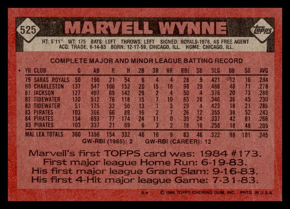1986 Topps #525 Marvell Wynne Pittsburgh Pirates Baseball Card | eBay