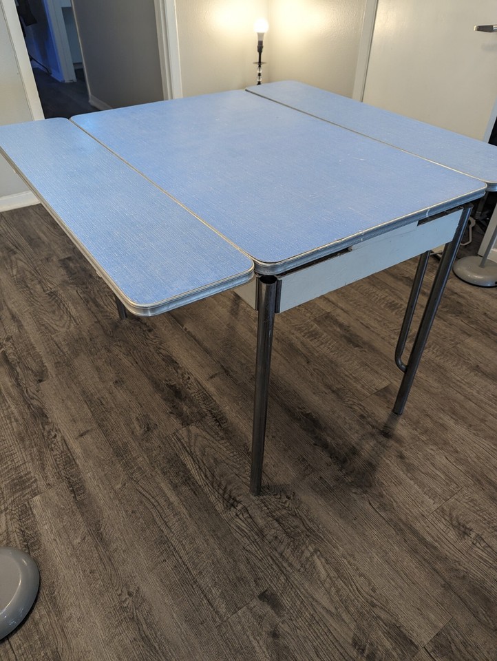 Vintage Blue Formica Table Pull Out Leaves And Chrome Edges And Utensil ...