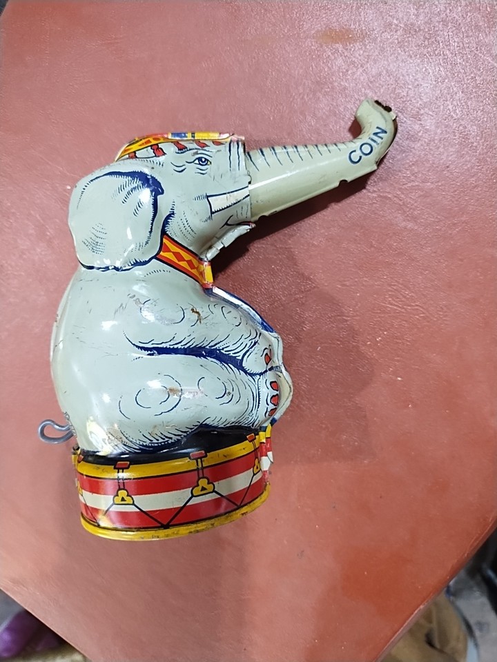 J. Chein Antique Tin Circus Elephant Coin Bank Trunk Raises & Coin ...