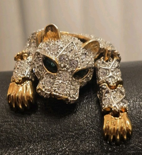 VTG Shoulder Brooch Pin 7" Leopard Panther Cat Articulated Rhinestone ...