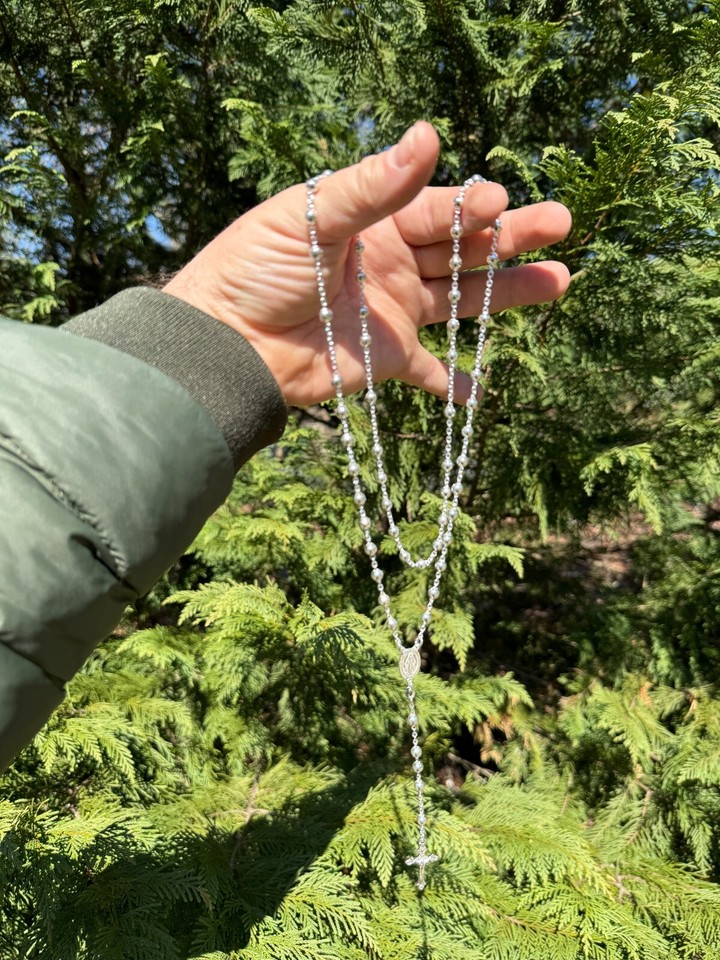 Men's 30" Long Rosary Beads Necklace Solid 925 Sterling Silver Rosario ITALY 5mm | eBay