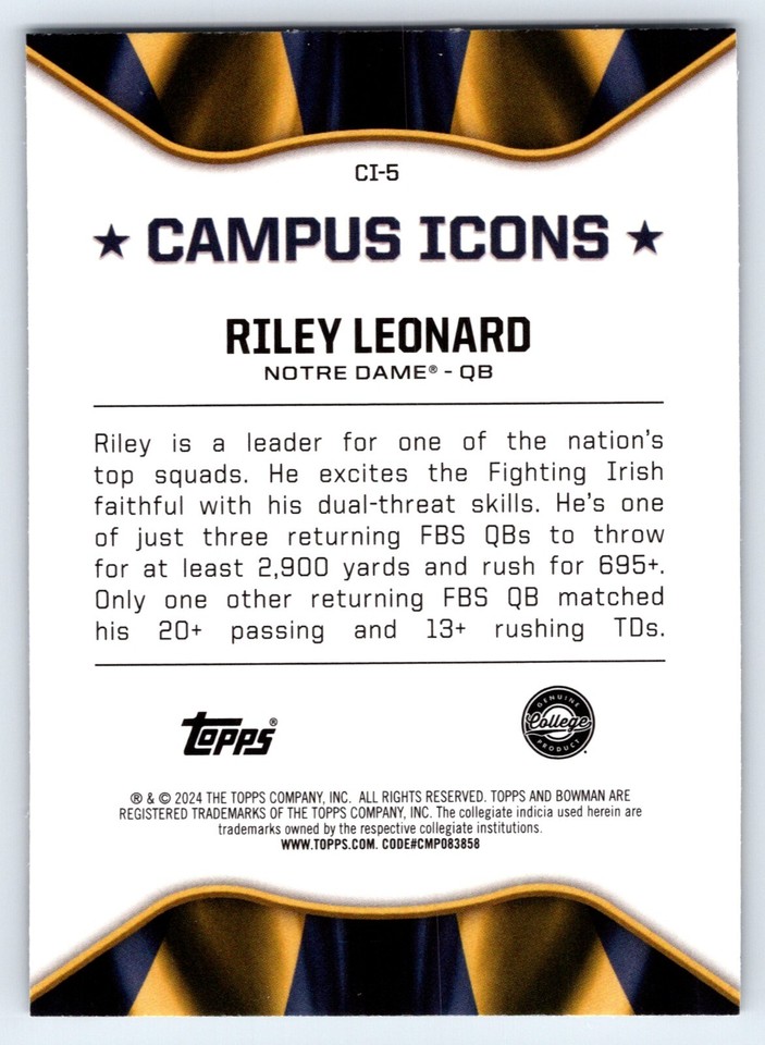 2024 Bowman Chrome U Football Campus Icons Riley Leonard Notre Dame # ...