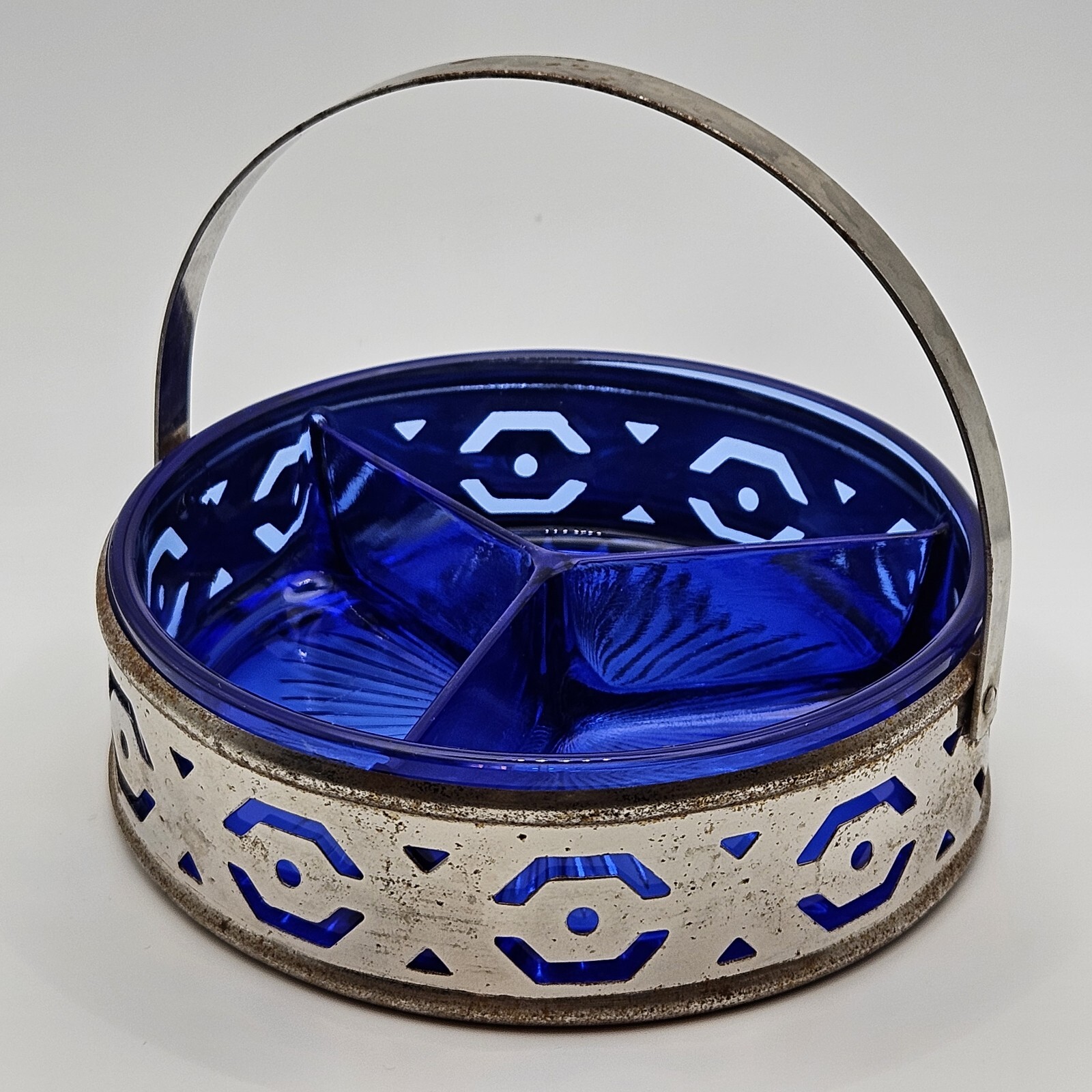 Cobalt Blue Vintage 3 Section Candy/Nut or Relish Dish In Silver Metal ...