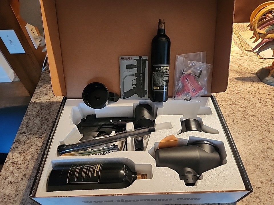 TIPPMANN A5 PAINTBALL MARKER GUN WITH HOPPER, TANKS, BOX & LAPCO BIG ...
