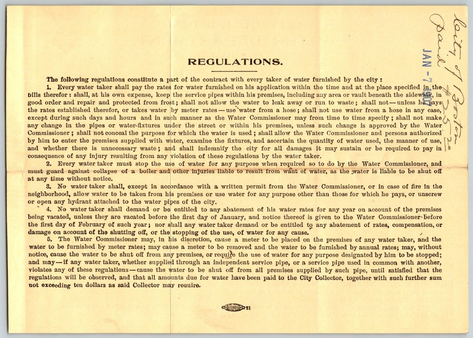City of Boston Water Department City Hall Billhead 1907 Geo. M. Rogers ...