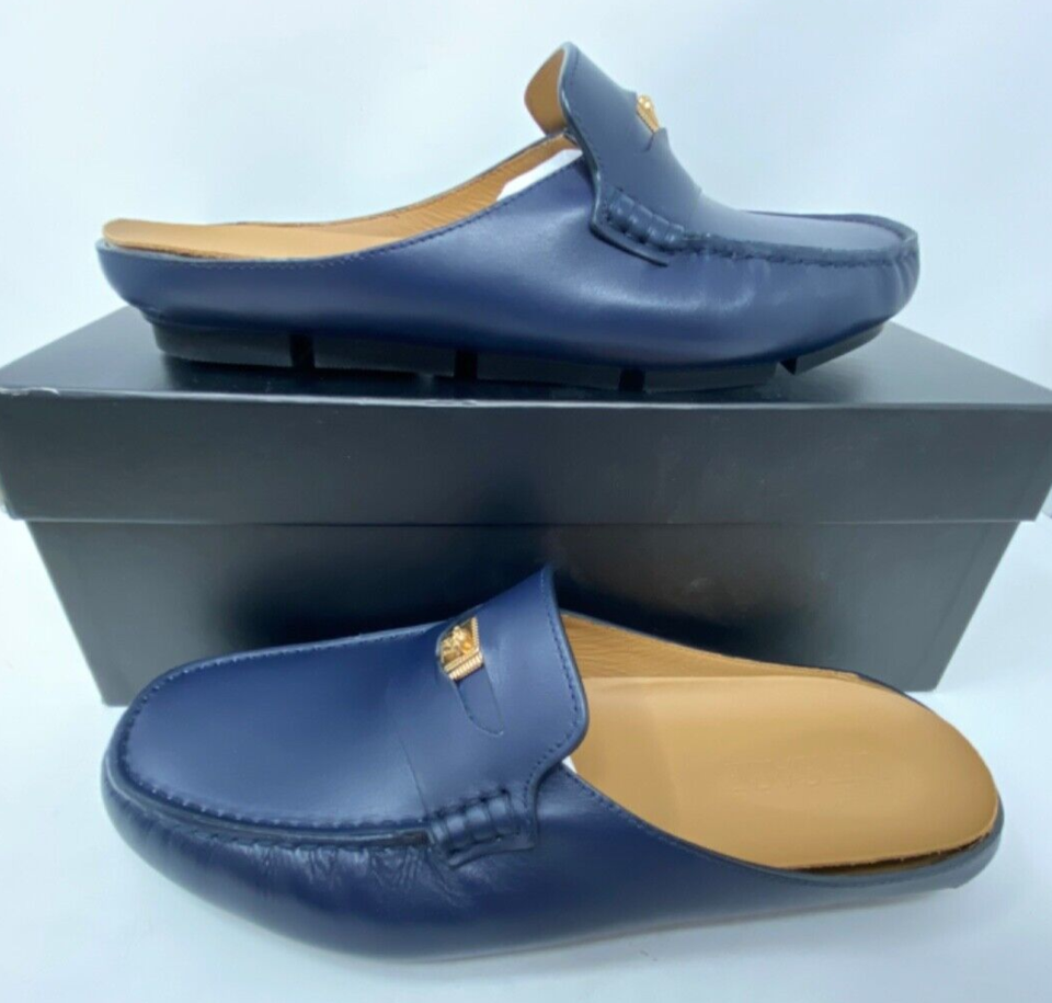 Versace Medusa Biggie Driver Mules Navy Blue Leather $625 Size 9.5 / 42 ...