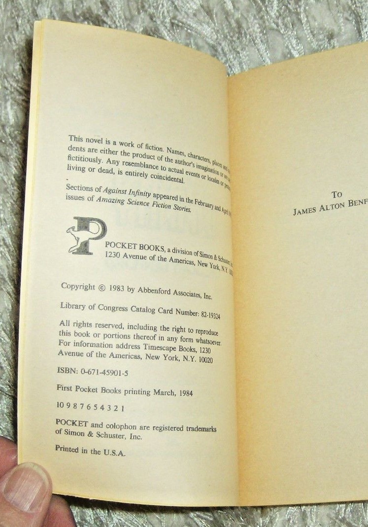 Gregory Benford, AGAINST INFINITY, Vintage 1984 SF Paperback, 1st ...