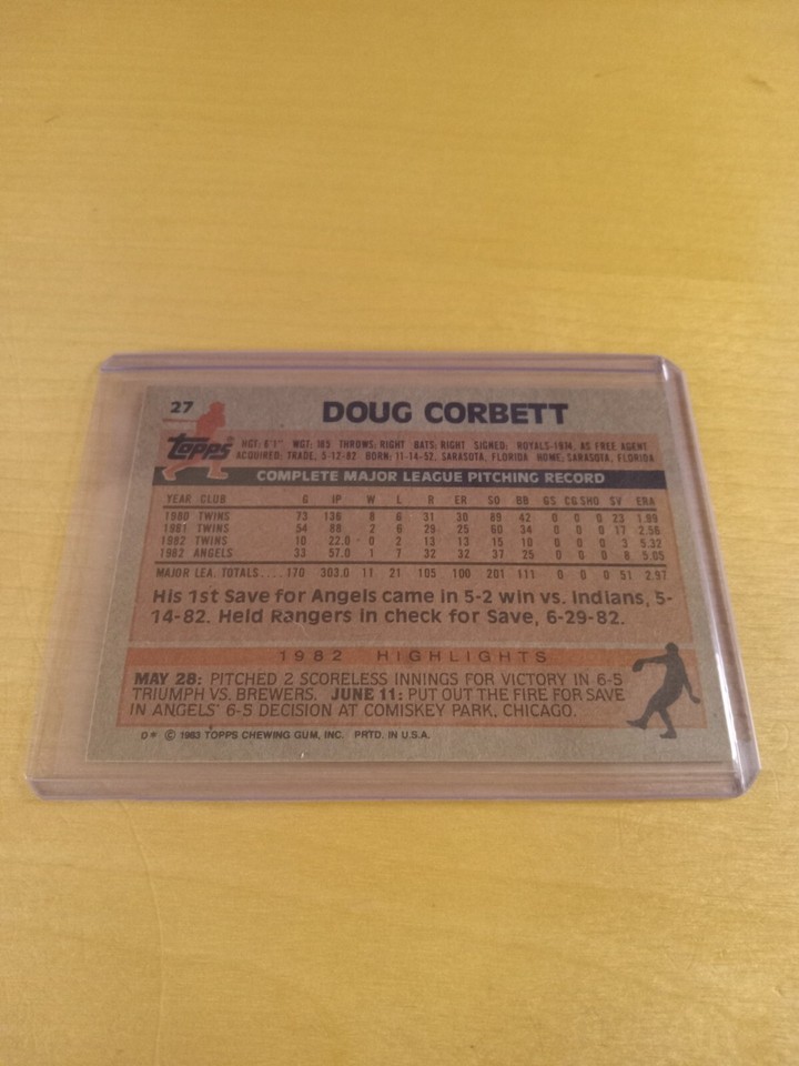 1983 Topps #27 DOUG CORBETT California Angels Baseball Card, Pitcher ...