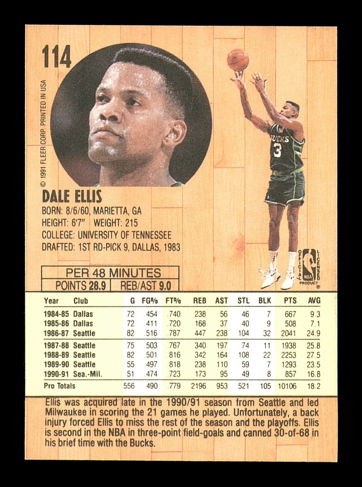 Dale Ellis Autographed Signed 1991-92 Fleer Card #114 Milwaukee Bucks ...