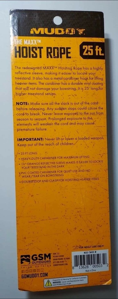 Muddy The Maxx 25ft. Highly Reflective Hoist Rope Heavy Duty Carabiner ...