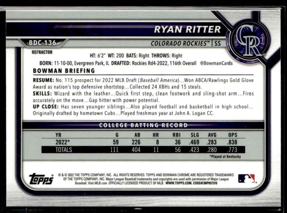 2022 Bowman Draft Baseball Chrome Refractor Ryan Ritter Rookie Colorado ...