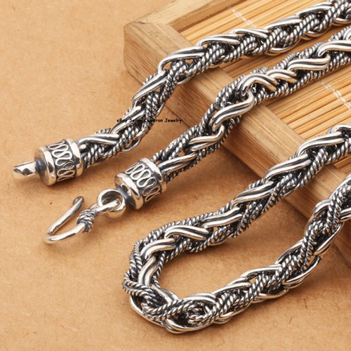 Pure S925 Sterling Silver Chain 7mm Heavy Braided Wheat Link Necklace ...