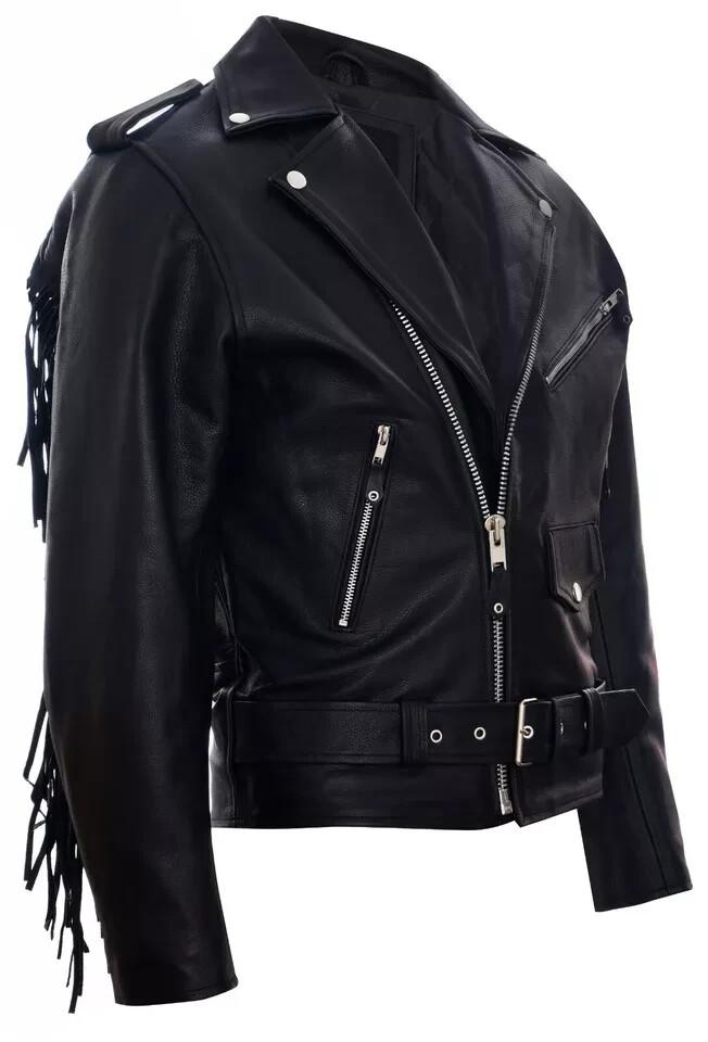 Mens FRINGE Hide Leather Brando TASSELED Motorcycle Jacket Retro Biker ...