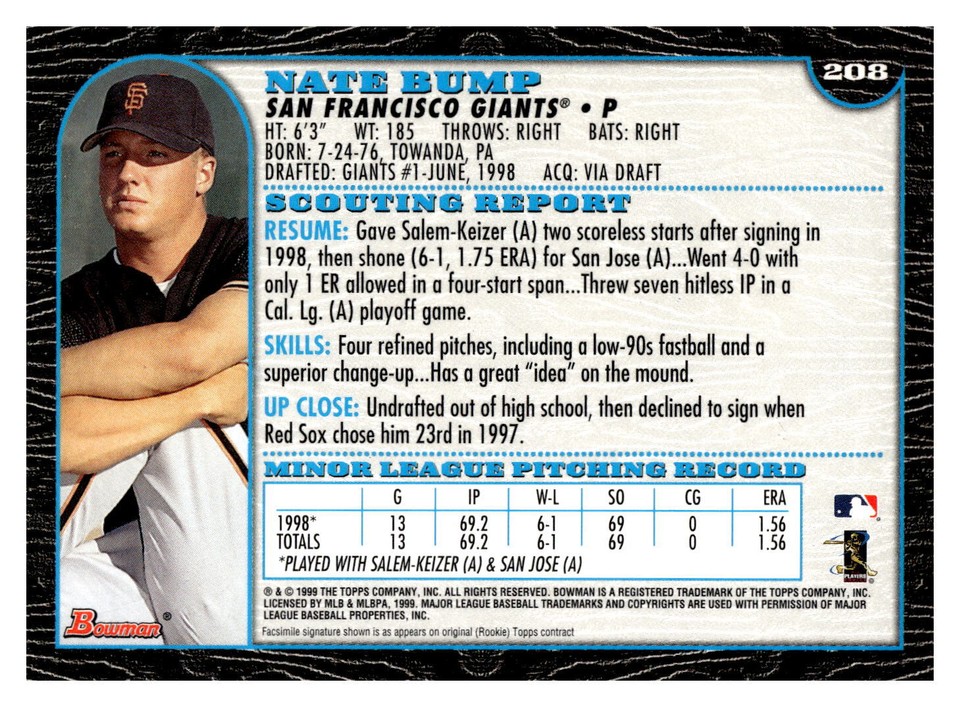 1999 Bowman #208 Nate Bump San Francisco Giants RC Baseball Card NM | eBay