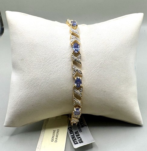 FAS Sterling Silver Vermeil Tanzanite And Diamond Tennis Bracelet 7.75 ...