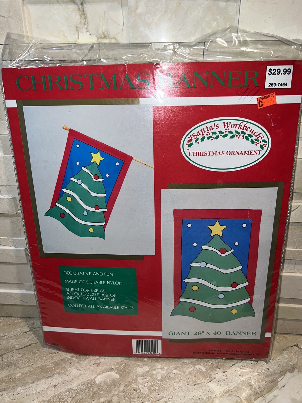 Vtg Large 28” x 40” Embroidery Banner Flag Santa's Workbench Christmas ...